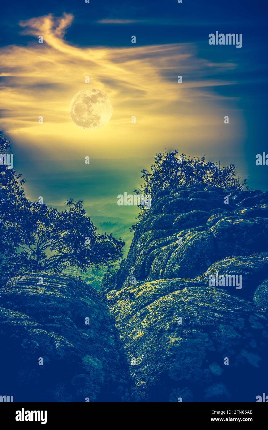 Landscape of night sky with beautiful bright full moon above view point ...