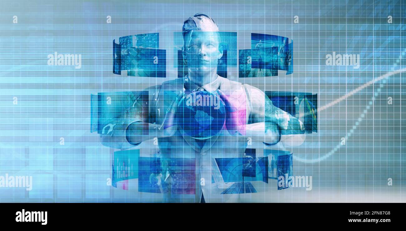Man Surrounded By Technology Data and Information Art Stock Photo - Alamy