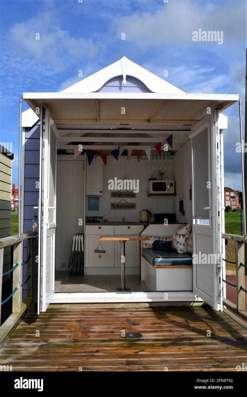 Internal view of a British Beach Hut Stock Photo - Alamy