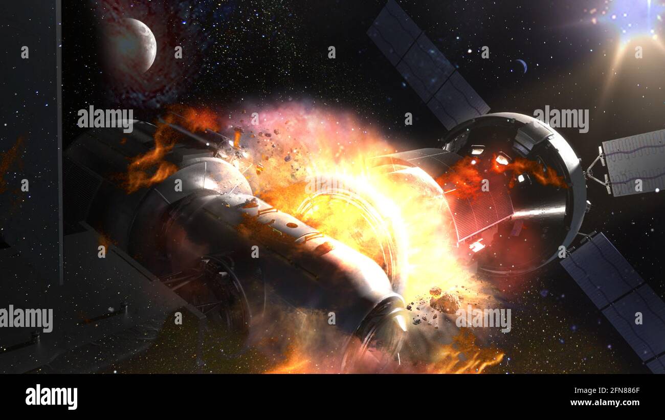 Collision of spaceships, fire and destruction. Traffic rules in space ...