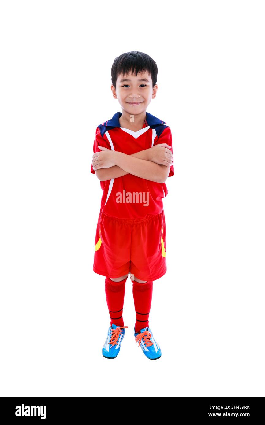 Full length portrait of young asian soccer player in red uniform ...