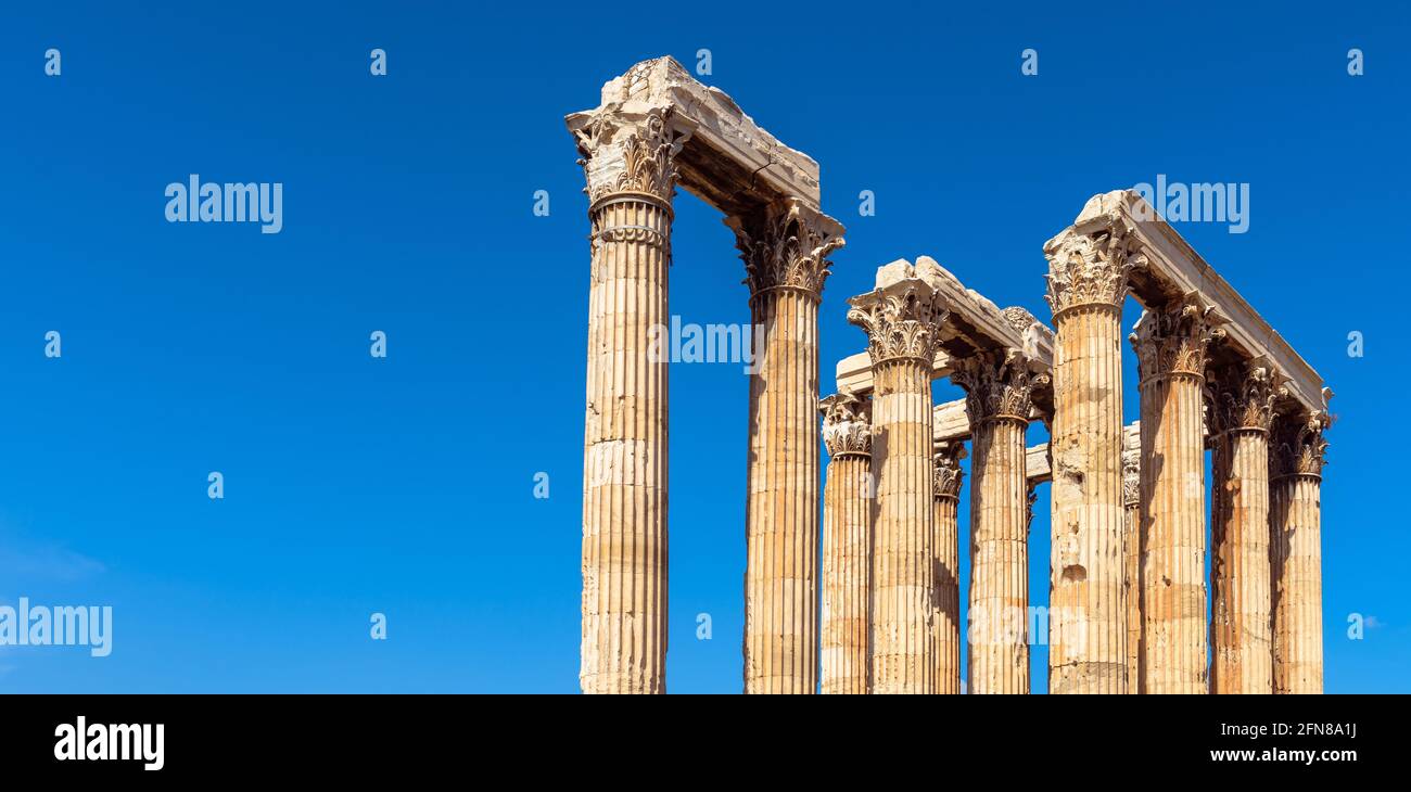 Temple of Zeus on blue sky background, Athens, Greece. Huge Corinthian ...