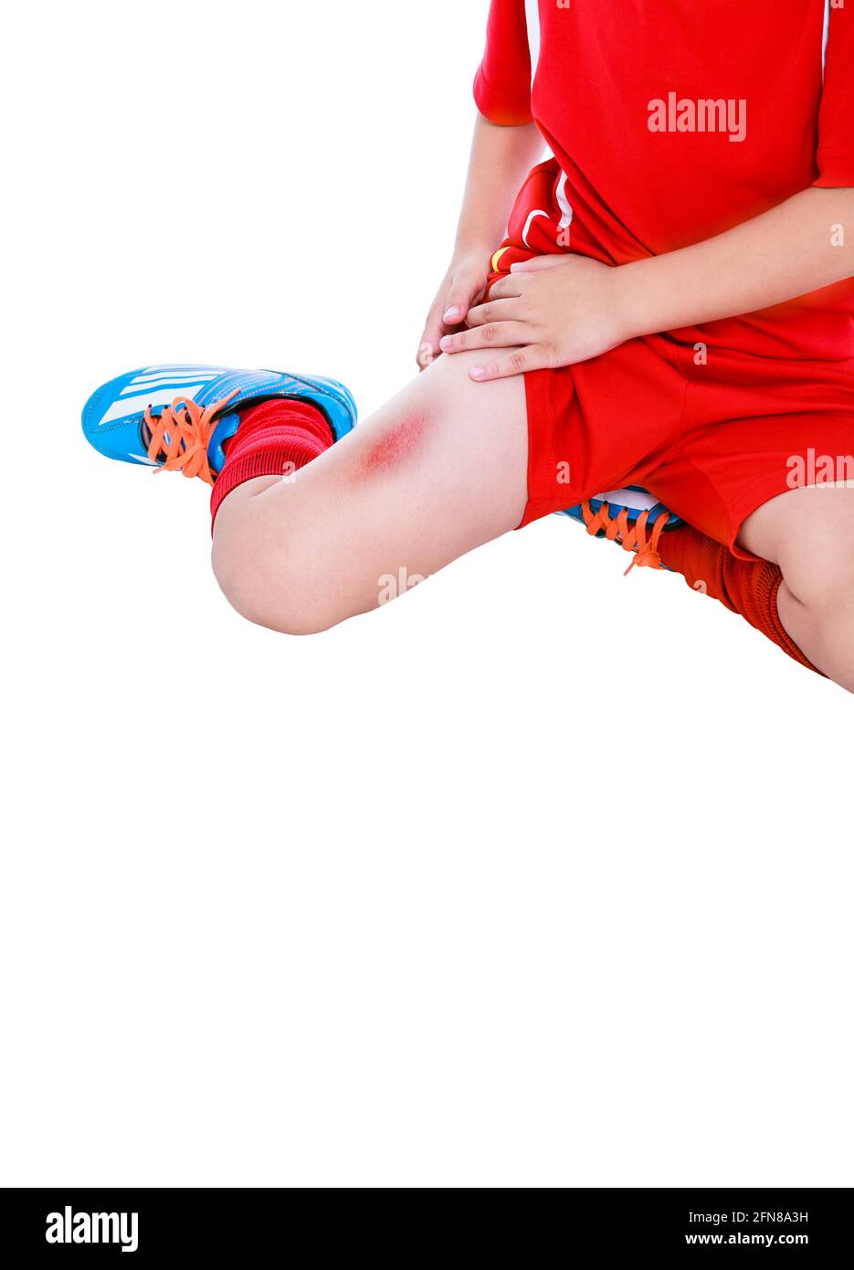 Sports injure. Youth asian soccer player in red uniform injured at ...