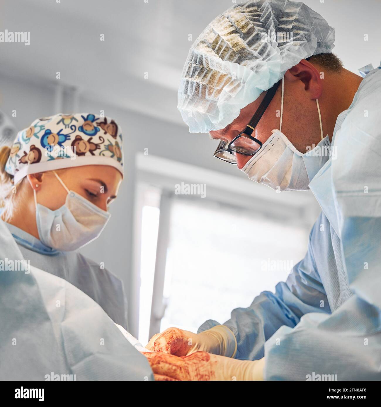 Doctors performing abdominoplasty surgery in clinic. Male plastic ...