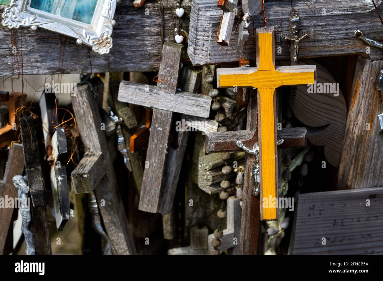 Close up shot of crosses in the Hill of Crosses a famous site of ...