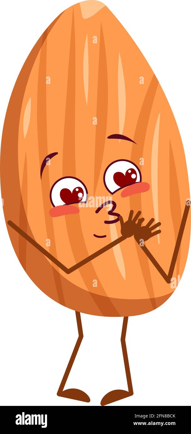 Cute almond character falls in love with eyes hearts, face, arms and ...