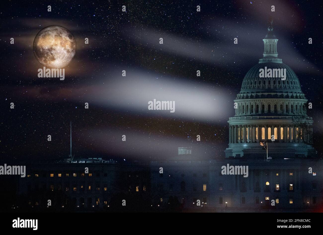 United State Capitol building in the lighth of full super moon in a ...