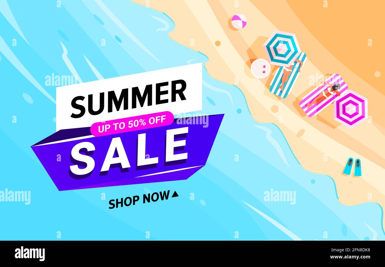 Trendy colorful summer sale banner beach waves background with tropical ...