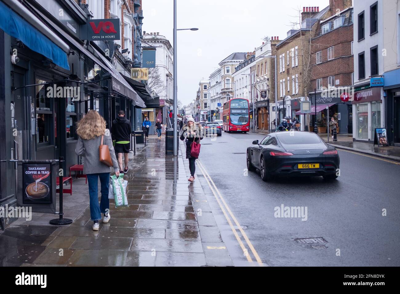 London, May 2021: Fulham Road in Chelsea, a retail and leisure ...