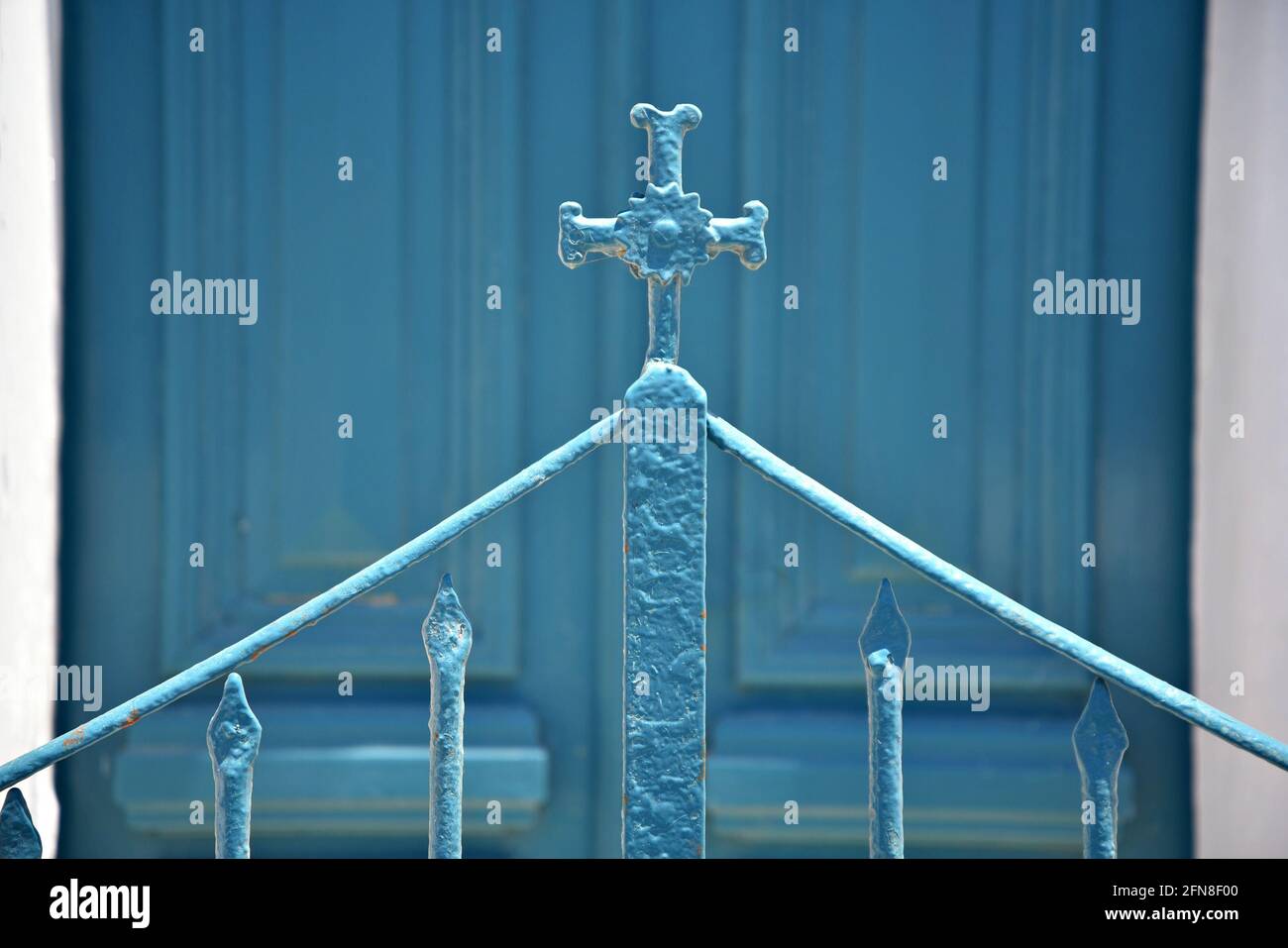 Traditional Greek Orthodox church handcrafted blue iron entrance gate ...