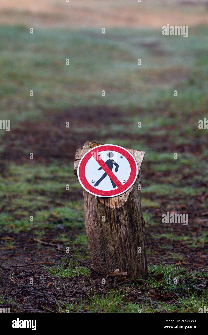 Vertical shot of a passage forbidden sign on tree stump Stock Photo - Alamy