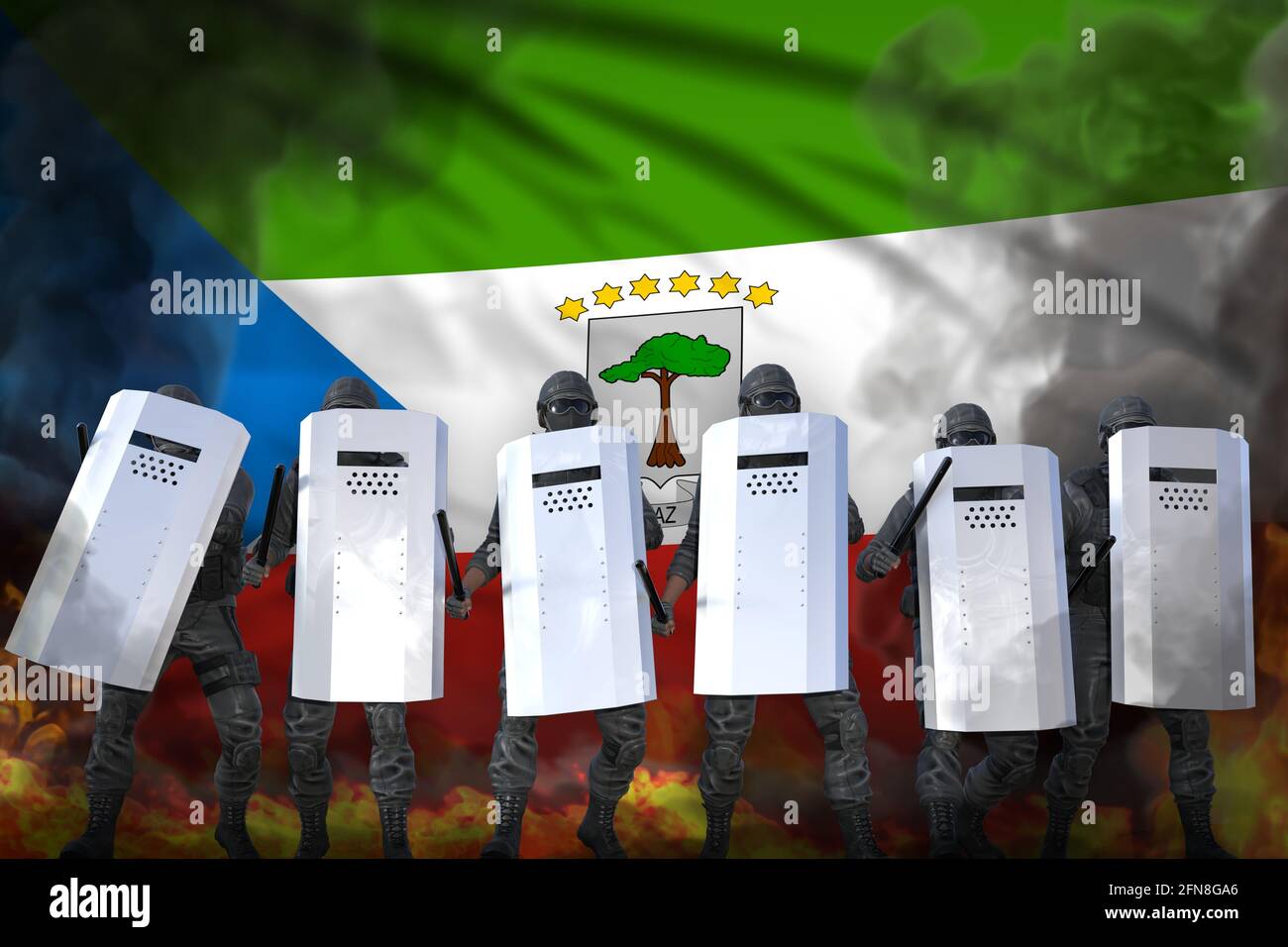 Equatorial Guinea protest stopping concept, police guards in heavy ...