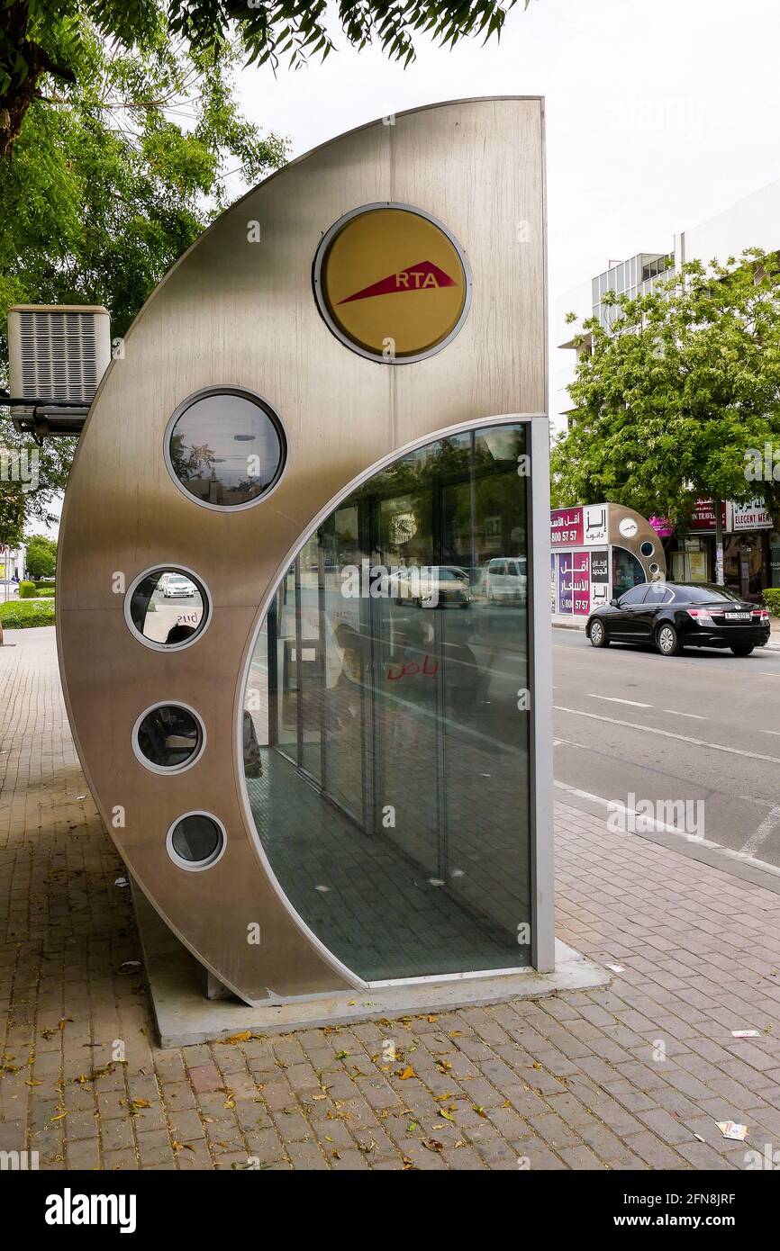 Dubai, United Arab Emirates, April 12, 2019. Bus stop with air ...
