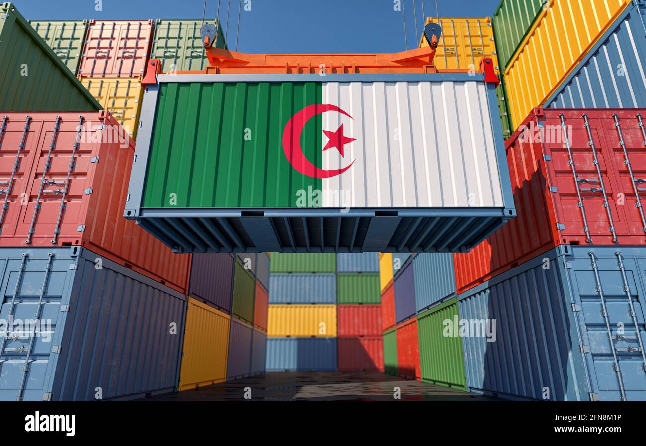 Container Terminal. Shipping Container with Algeria flag - 3D Rendering ...