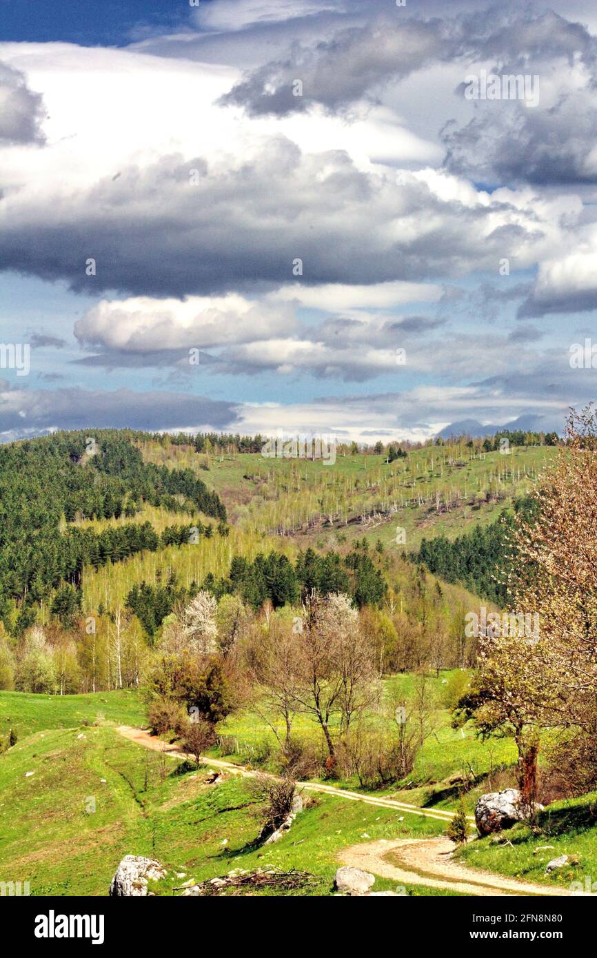 Beautiful scenery of a vast landscape in the countryside under a gloomy ...