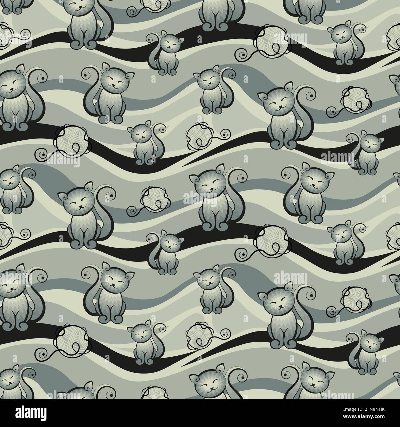Seamless repeating pattern. Animals, stylized happy cats and balls of ...