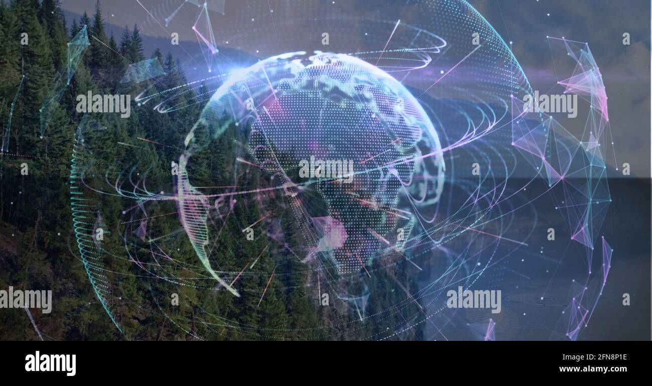 Animation globe connections over landscape hi-res stock photography and ...