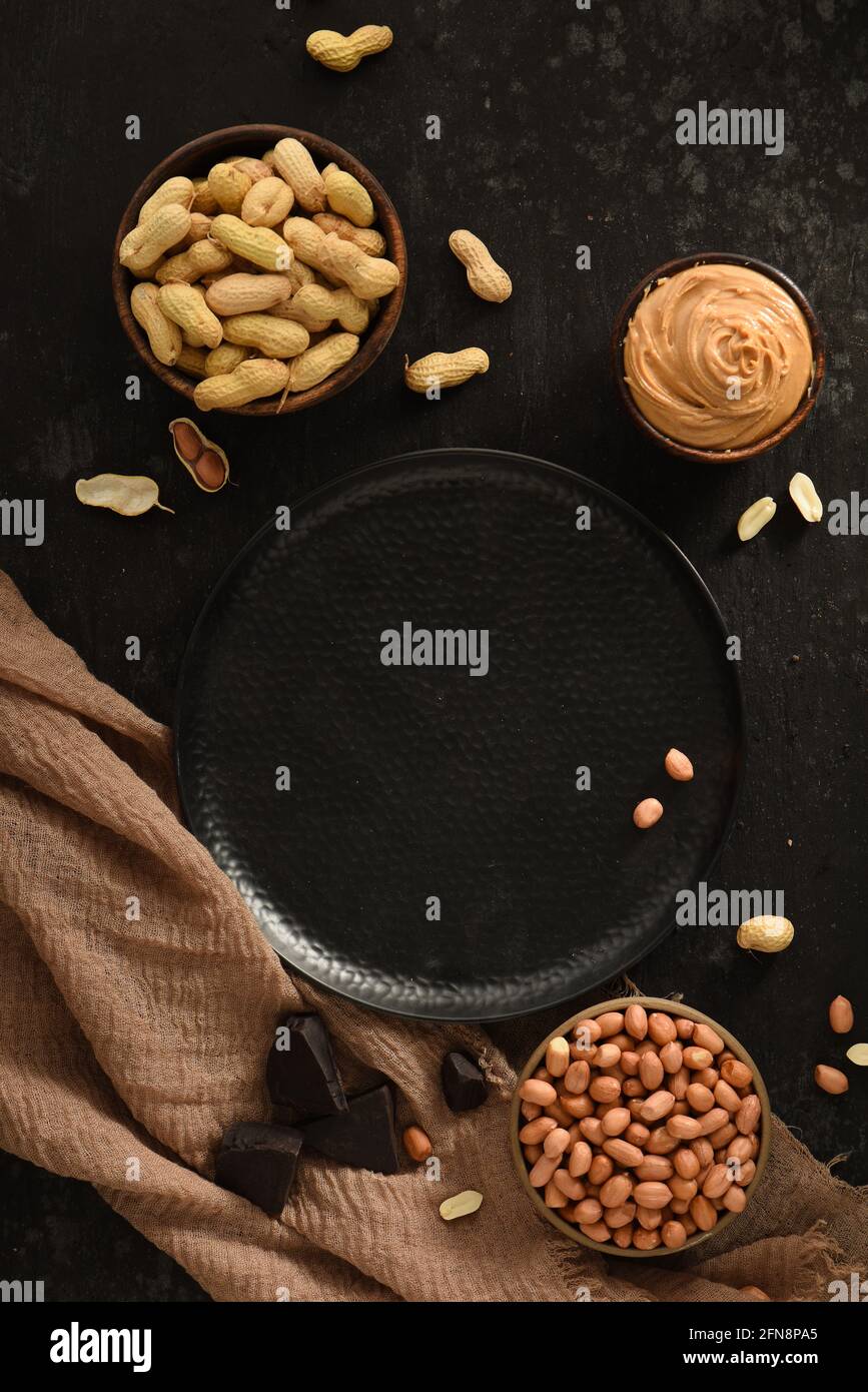 Dark Black Dry Nuts Almond Peanuts Cashewin Bowl Food Flat Lay with ...