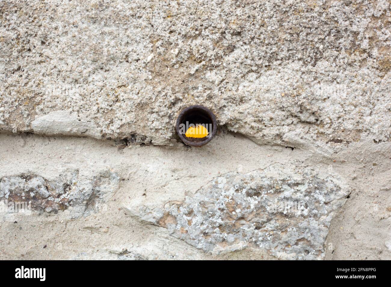 A pipe going through the stone wall. Yellow stands out on the other ...