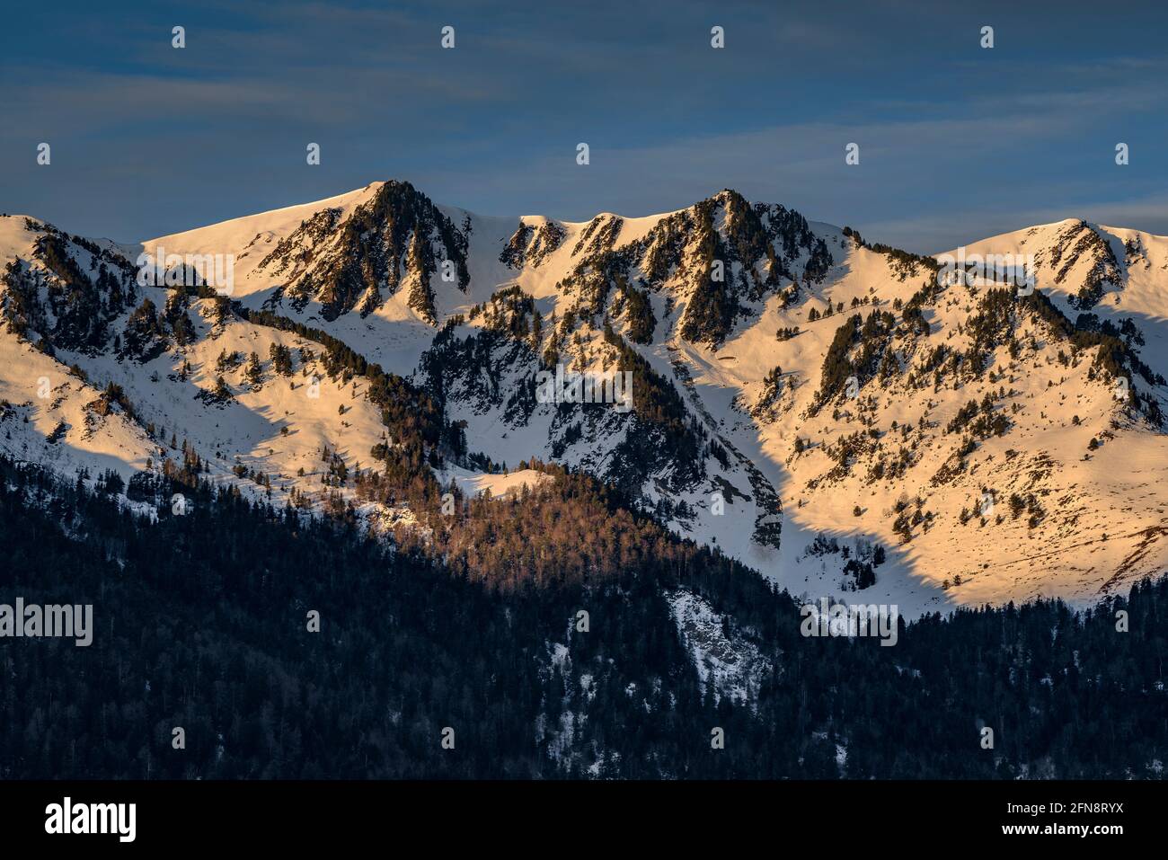 Guardader de Vilamòs viewpoint views in a winter sunrise (Aran Valley ...