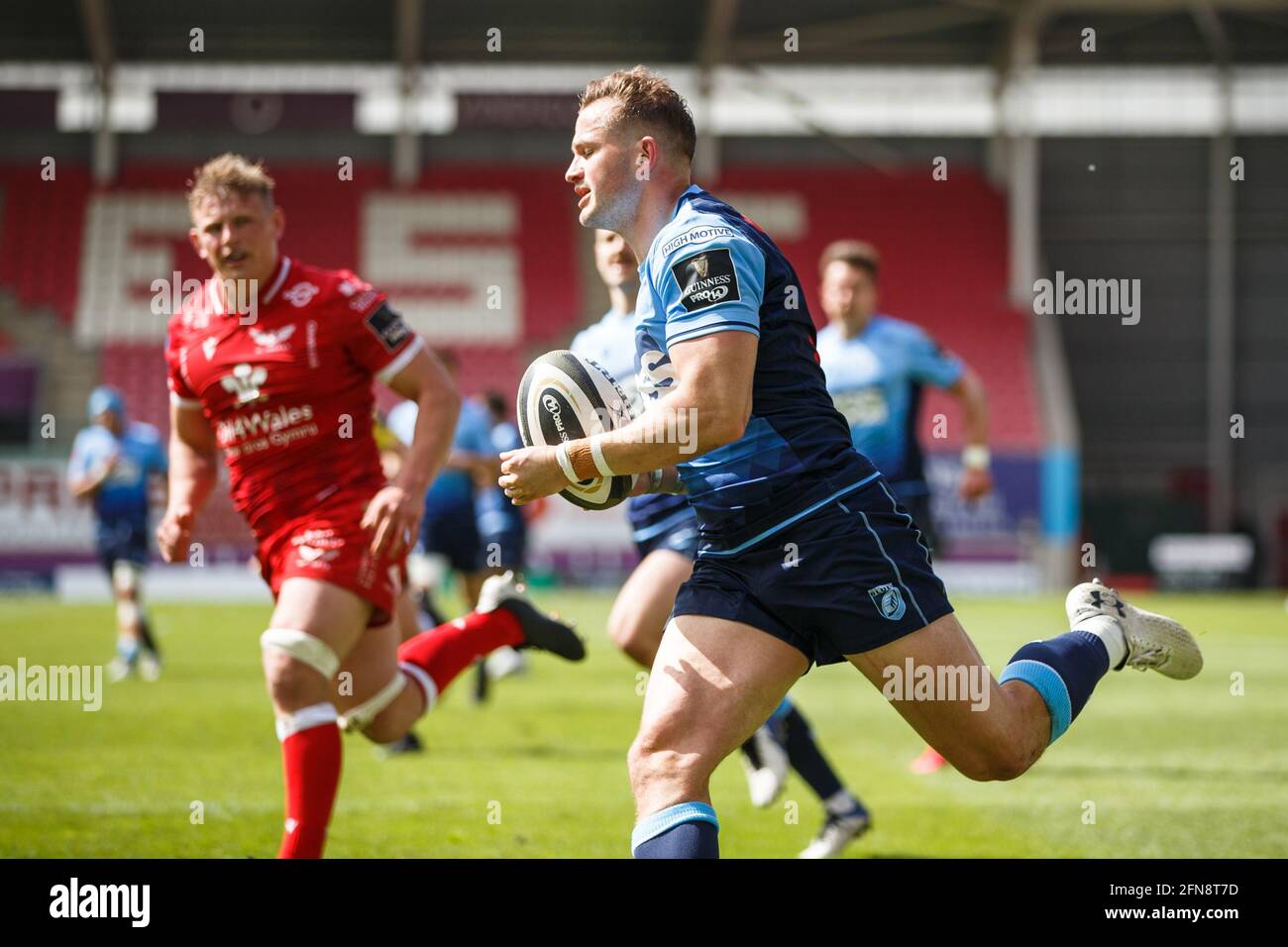Llanelli, UK. 15 May, 2021. Cardiff Blues fullback Hallam Amos goes ...