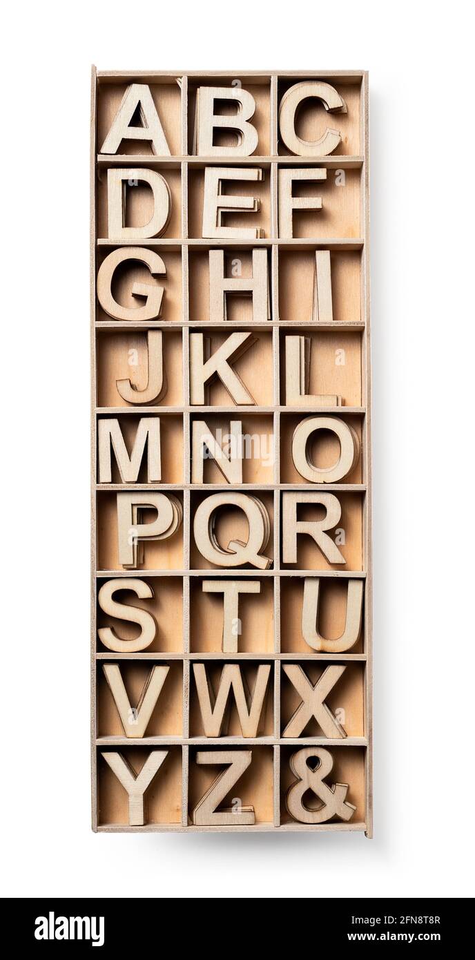 Wooden alphabet letters in storage tray. Front view of uppercase ABC ...