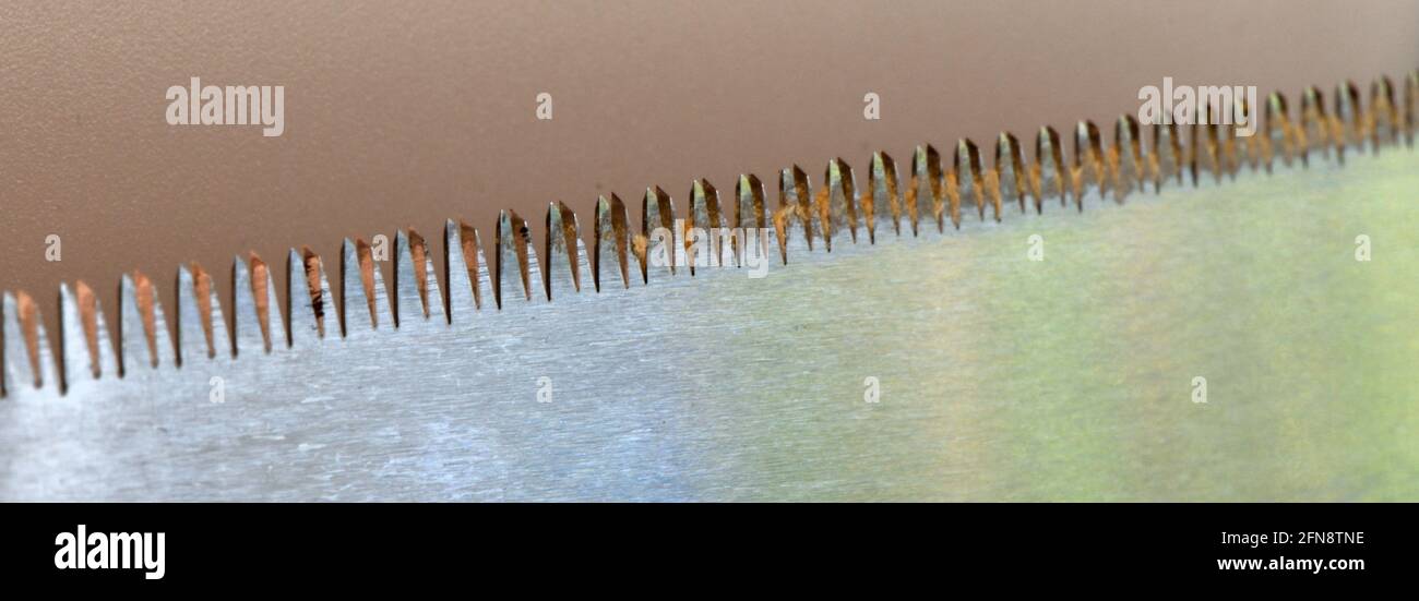 An oblique close up image of the blade of a pull saw showing its teeth ...
