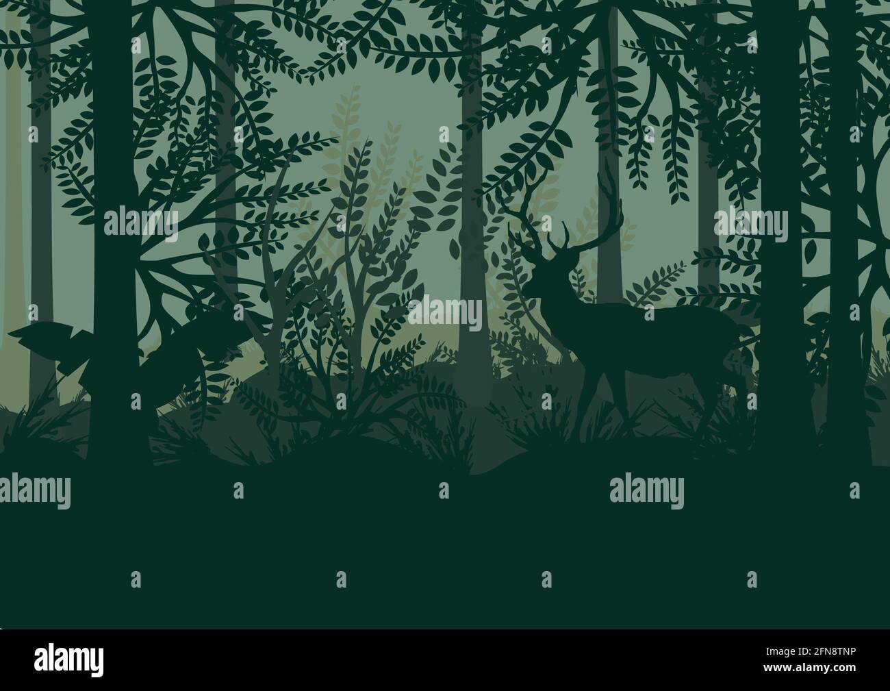 Dear in a dark forest in midnight vector art background Stock Photo - Alamy