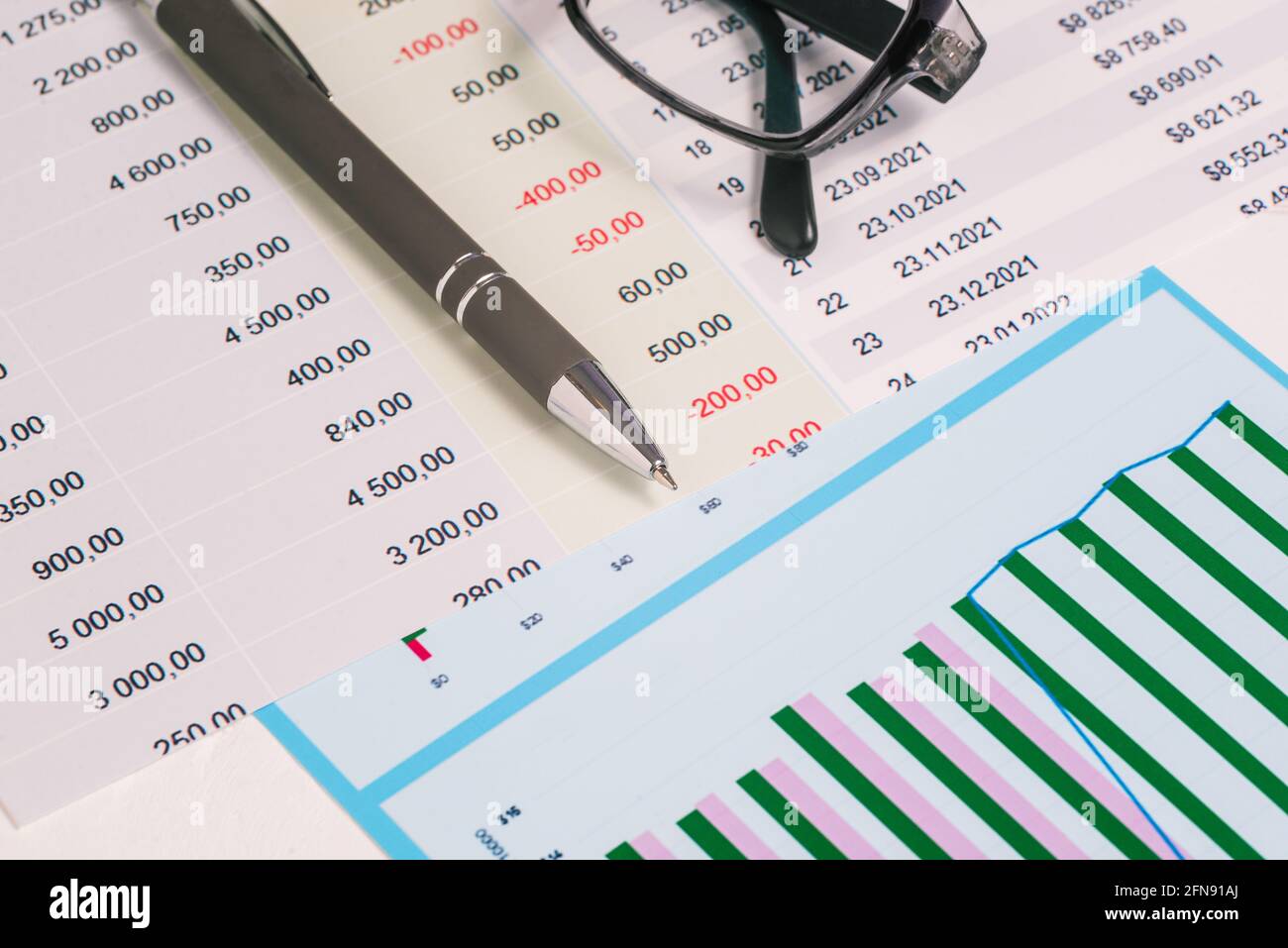Graphs, financial documents and a pen on the desktop. Audit, analytics ...
