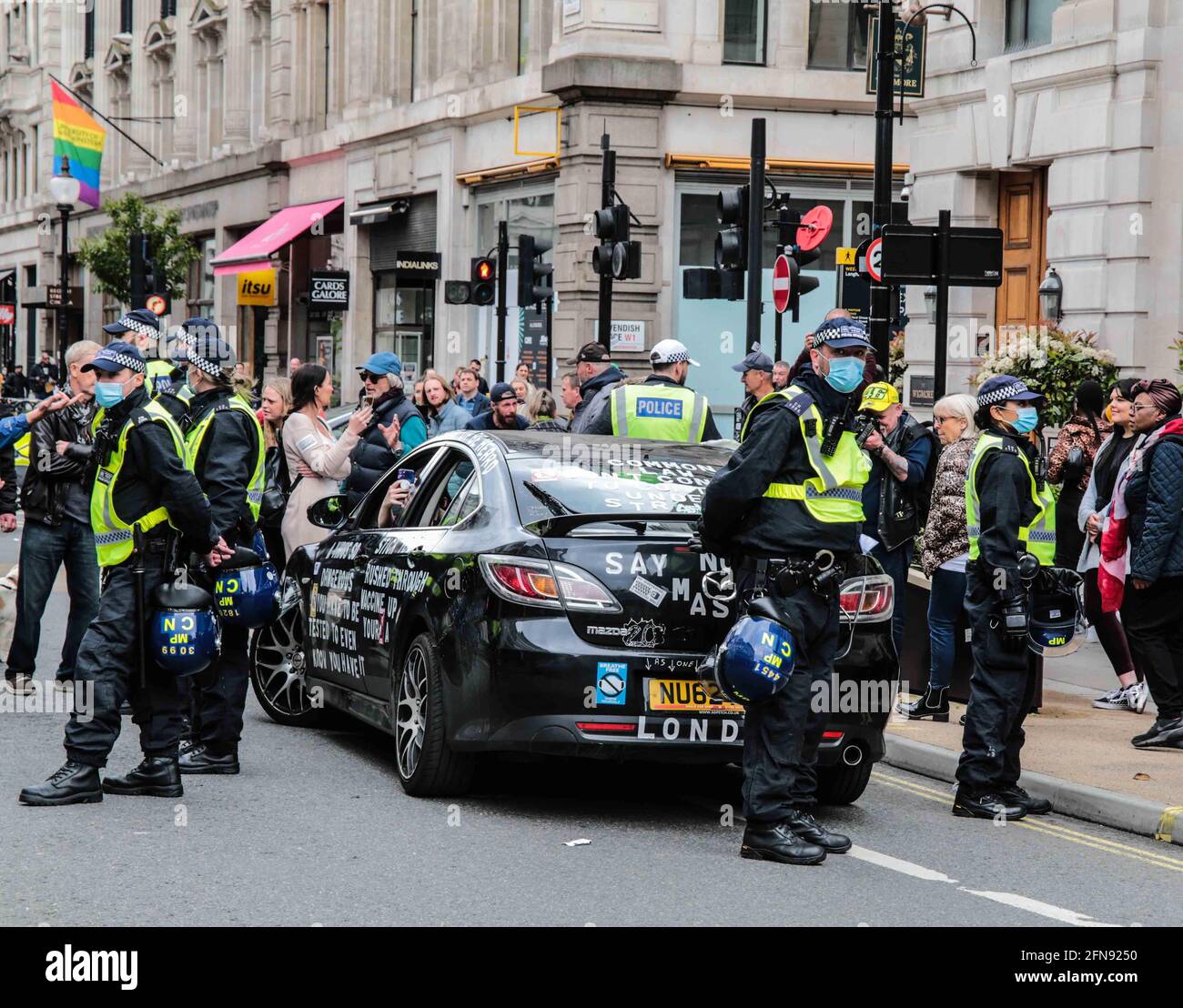 London 15 May 2021 A car with anti vaccine slogans painted all over is ...