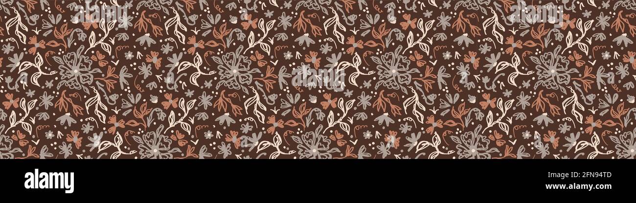 Seamless minimalist doodle flower border pattern. Calm earthy color ...