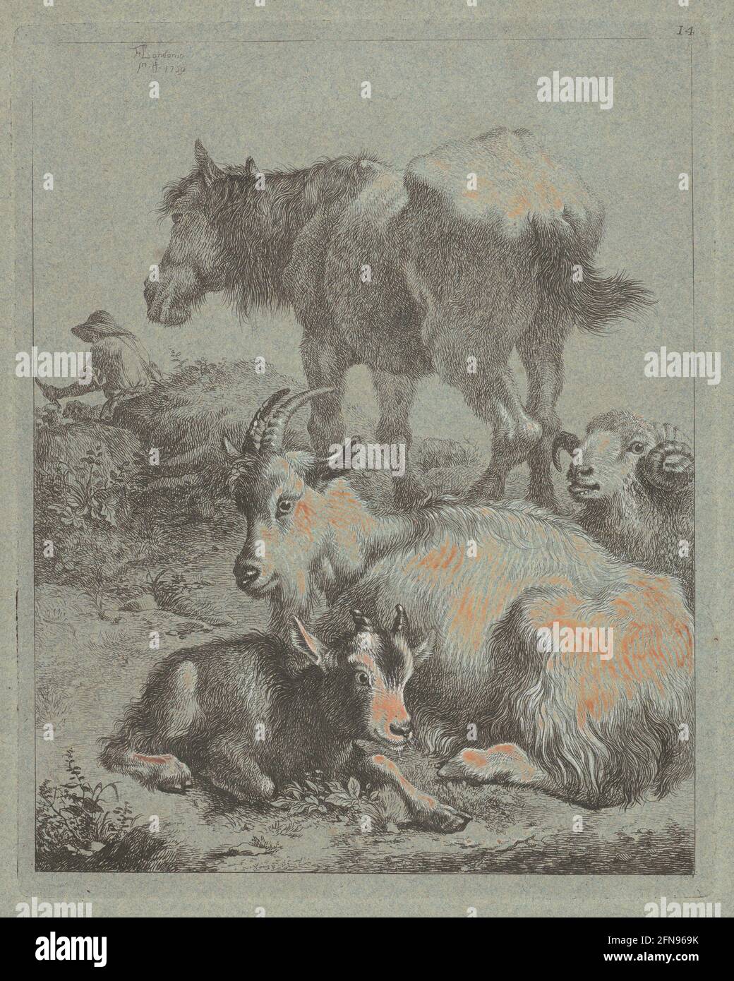 Horse, Ram, Goat with Kid; In the Distance a Shepherd with Flock, 1759 ...
