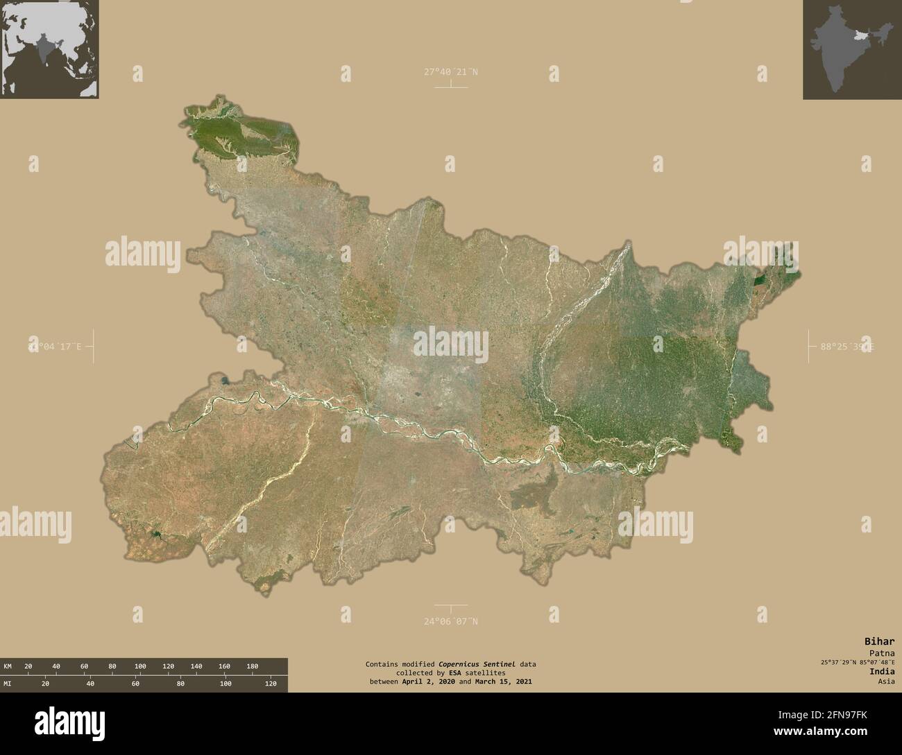 Bihar, state of India. Sentinel-2 satellite imagery. Shape isolated on ...