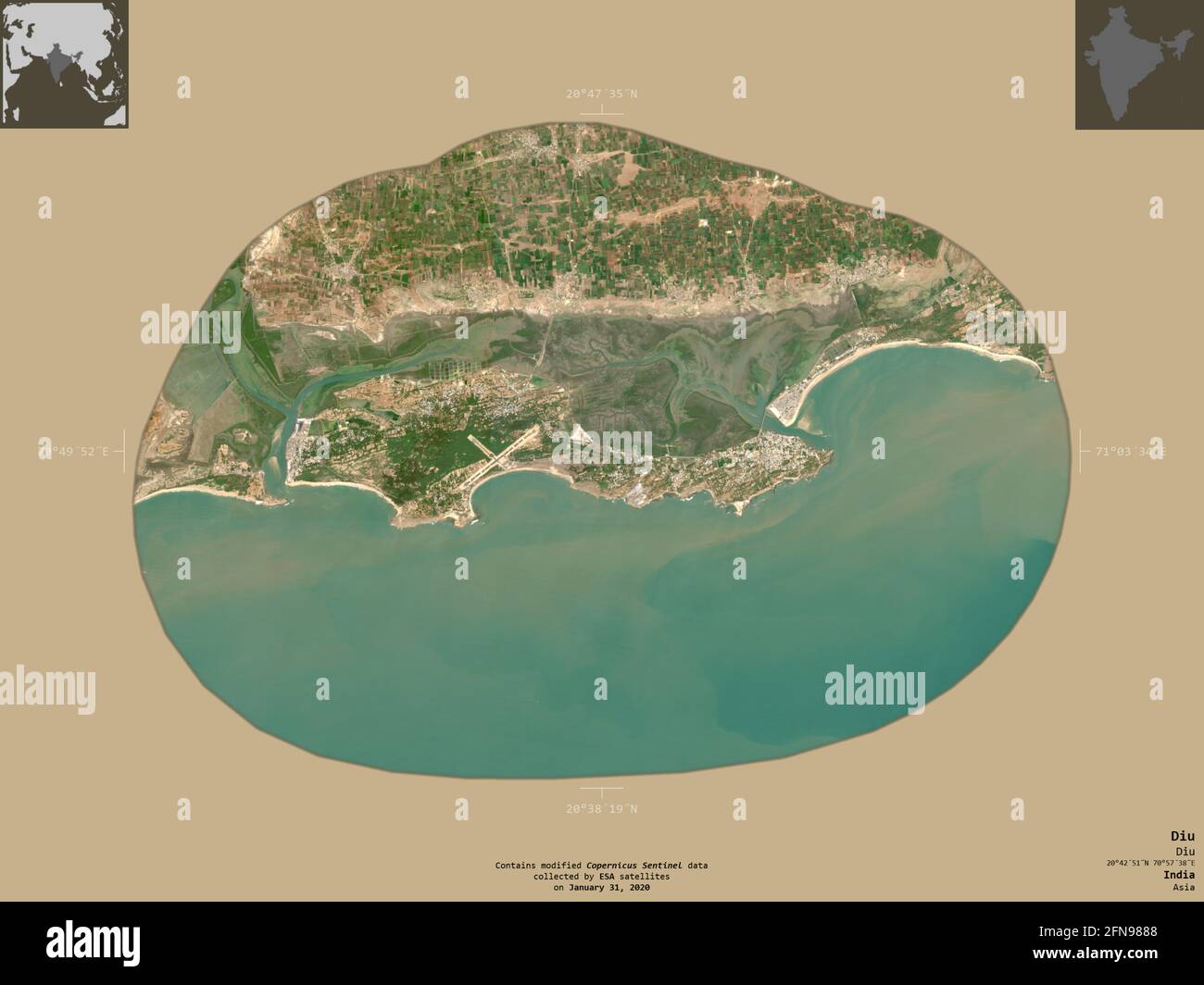 Diu, union territory of India. Sentinel-2 satellite imagery. Shape ...
