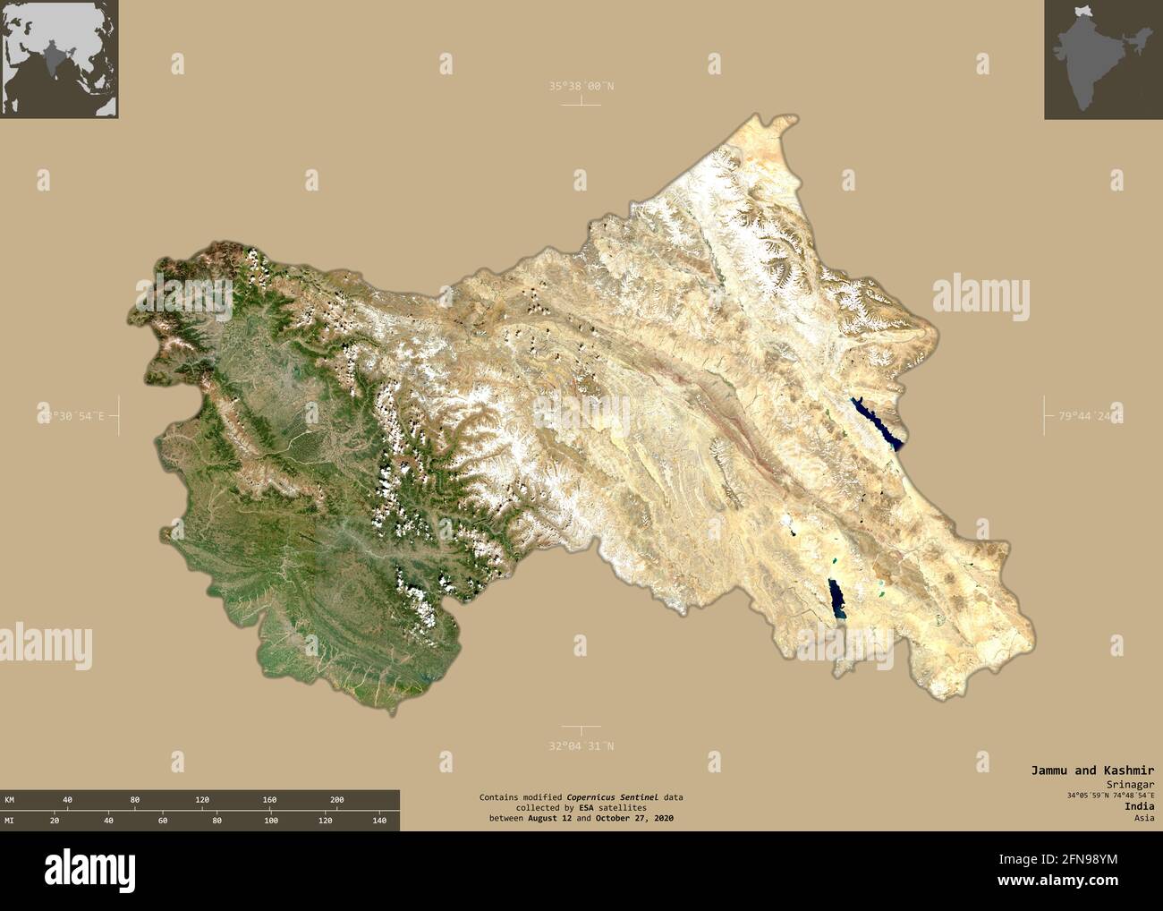 Jammu and Kashmir, state of India. Sentinel-2 satellite imagery. Shape ...
