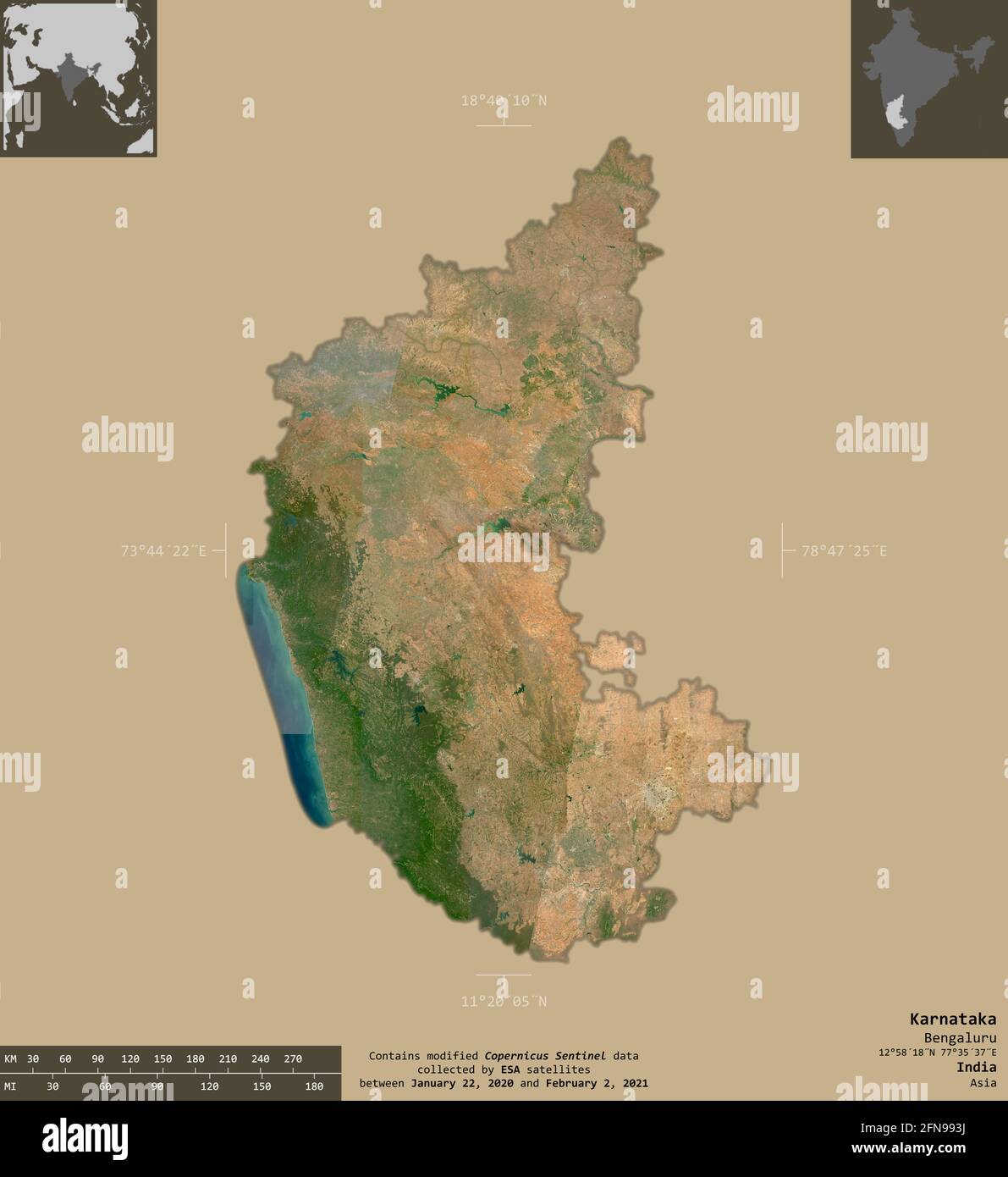 Karnataka, state of India. Sentinel-2 satellite imagery. Shape isolated ...