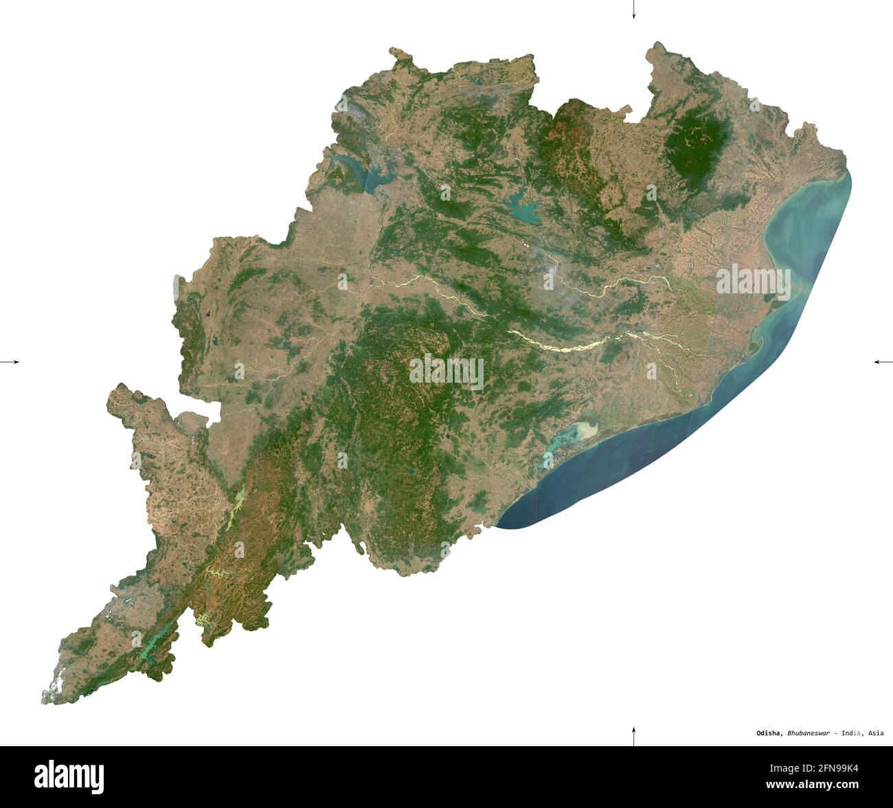Odisha, state of India. Sentinel-2 satellite imagery. Shape isolated on ...