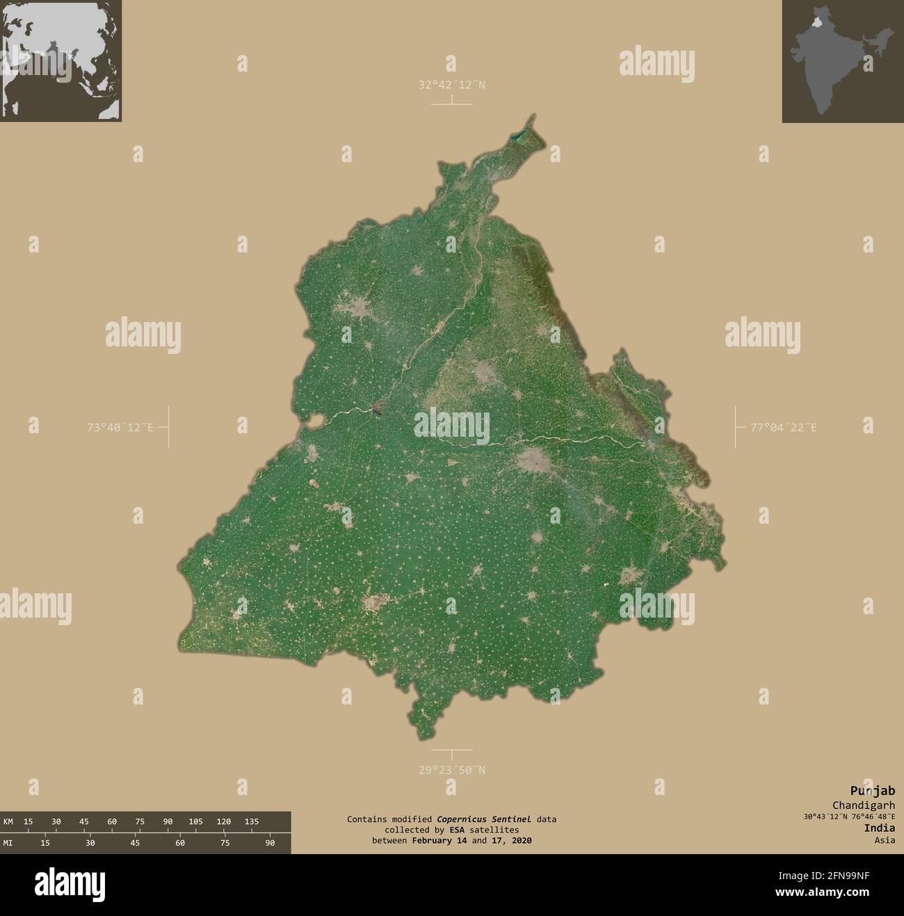 Punjab, state of India. Sentinel-2 satellite imagery. Shape isolated on ...