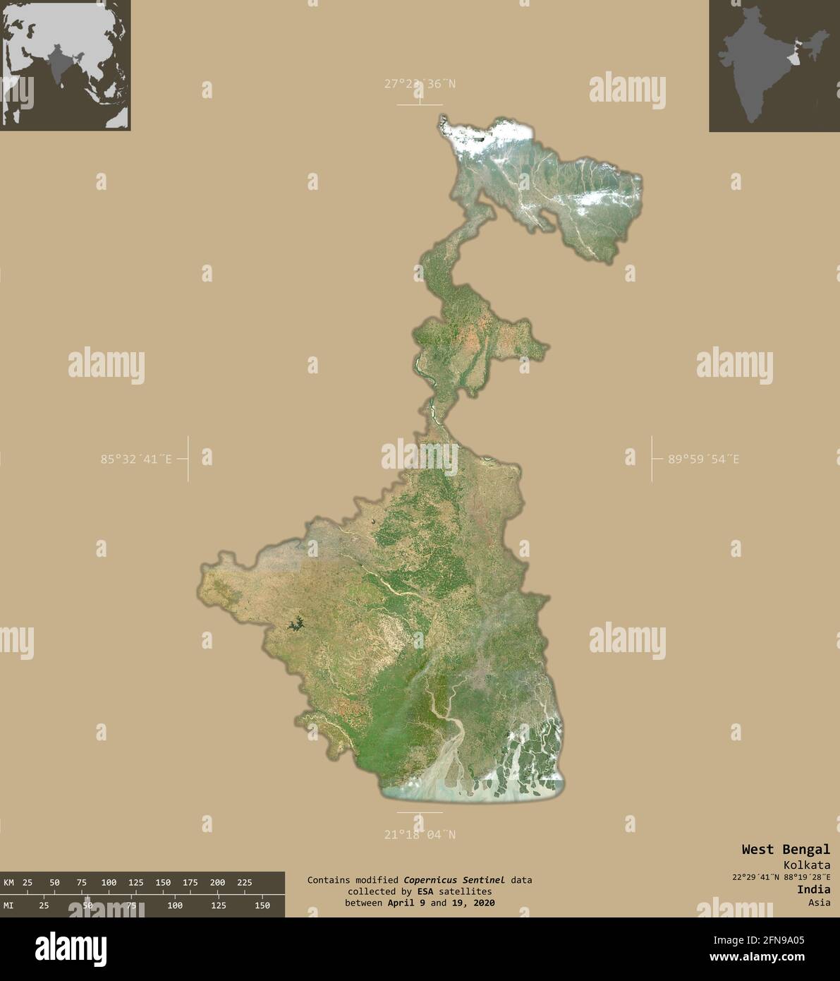 West Bengal, state of India. Sentinel-2 satellite imagery. Shape ...