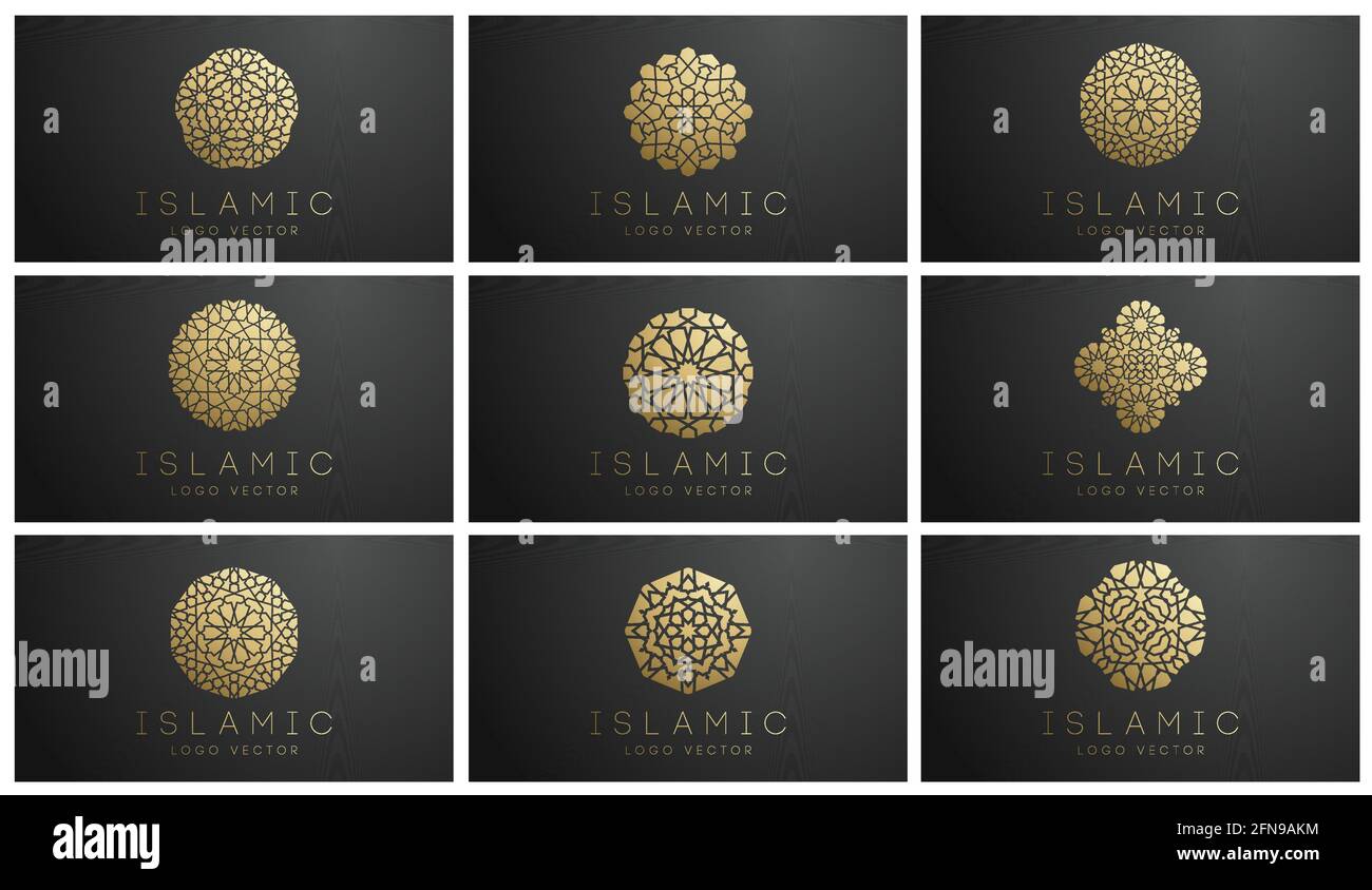 Gold islamic logo set on dark background. Ramadan kareem vector pattern ...