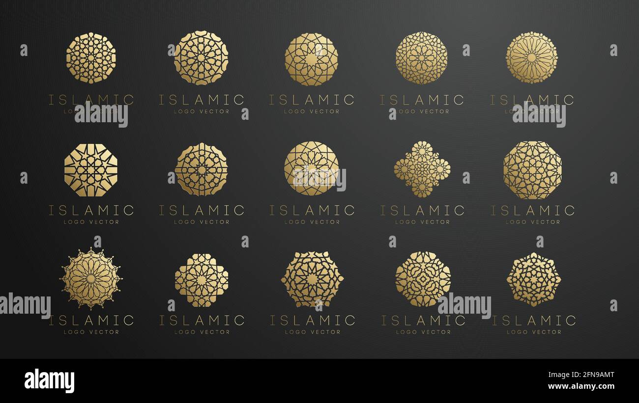 Gold islamic logo set on dark background. Ramadan kareem vector pattern ...