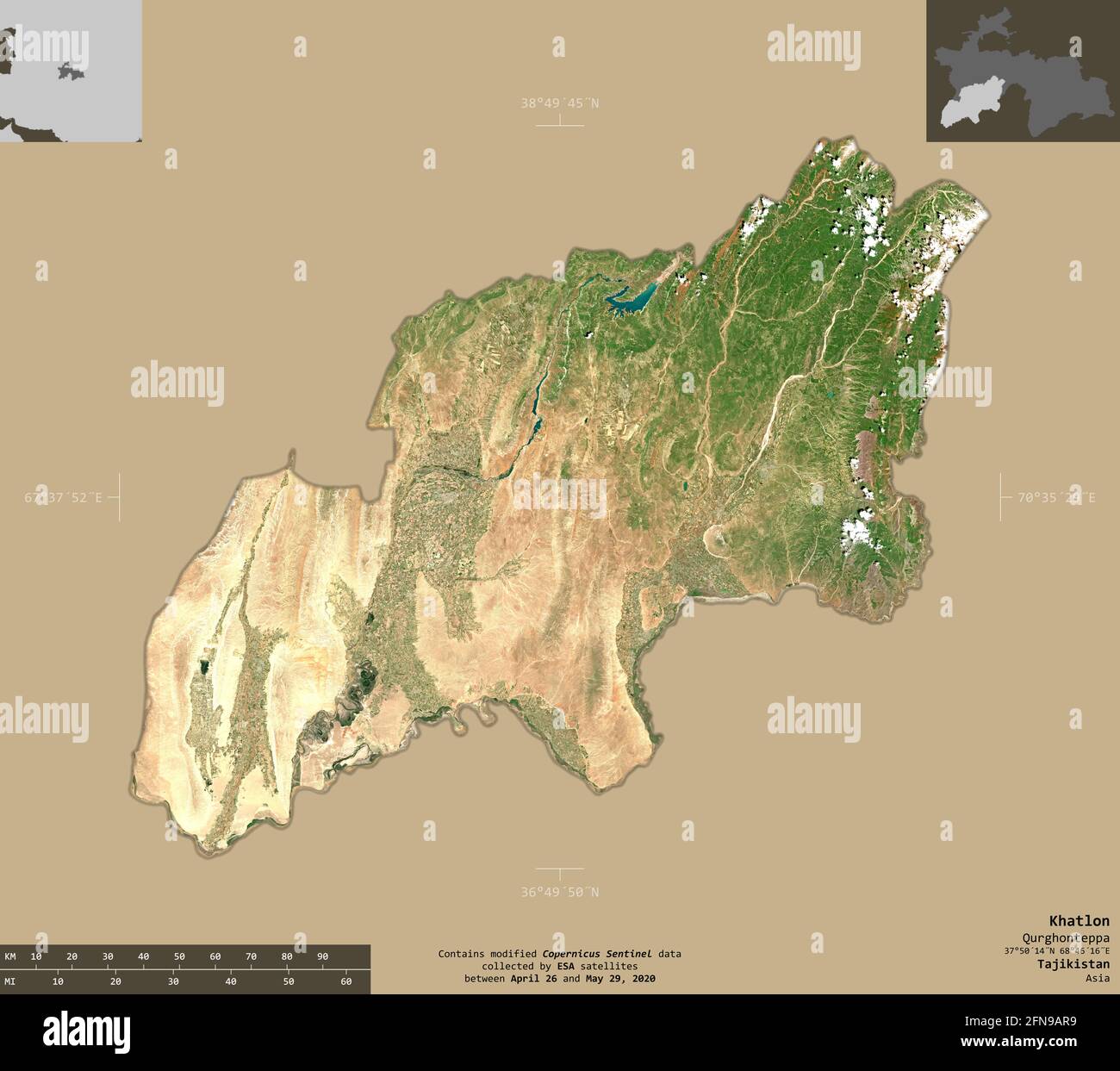 Khatlon, region of Tajikistan. Sentinel-2 satellite imagery. Shape ...