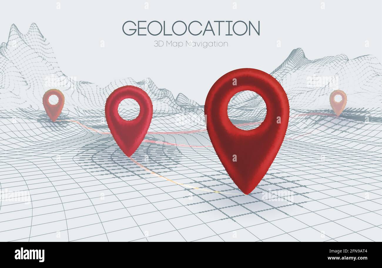 Wireframe landscape light background. 3d map navigation red pointers vector 3d illustration ...