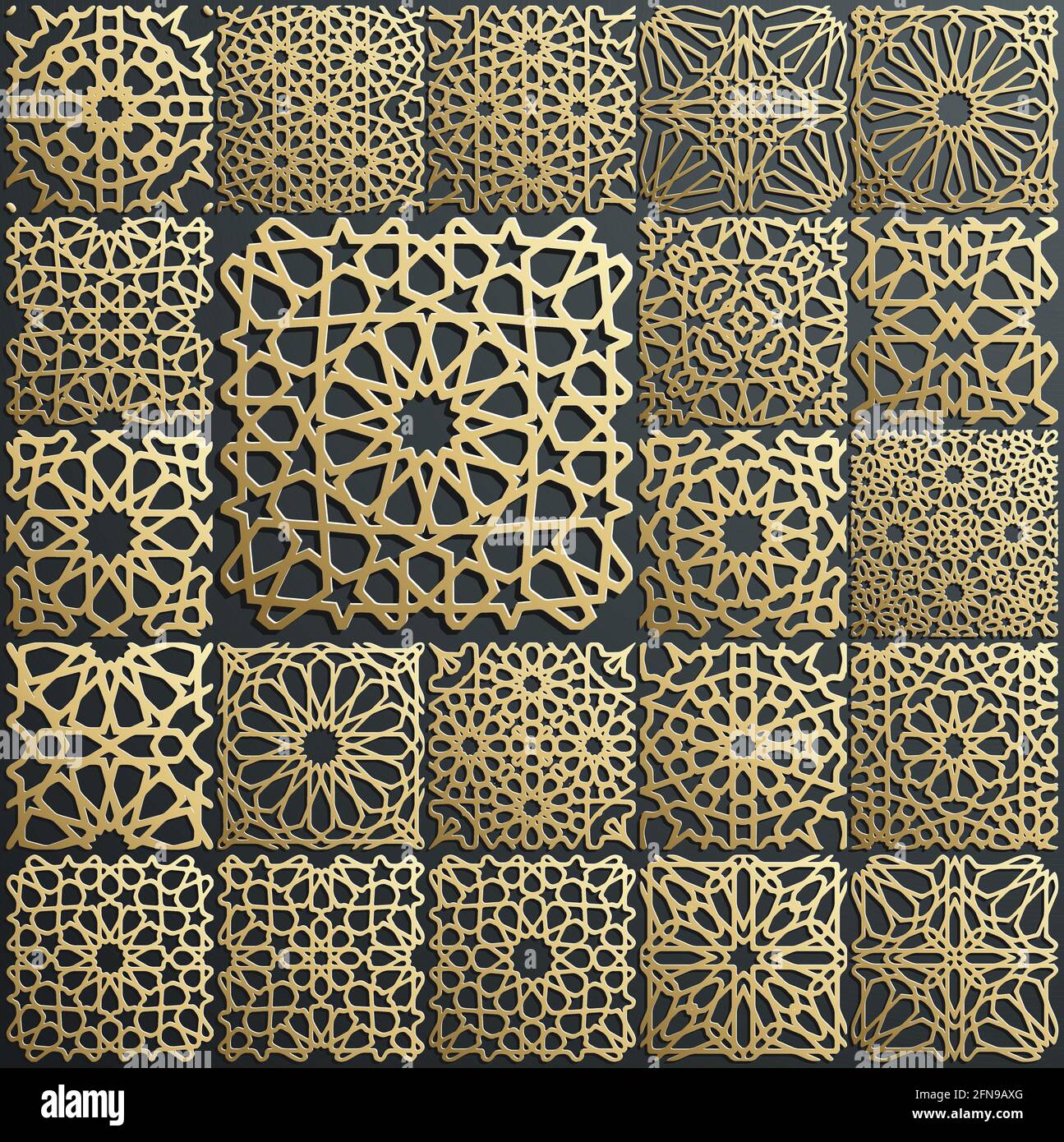Gold ornament on black. Islamic pattern set. Arabic geometric pattern ...