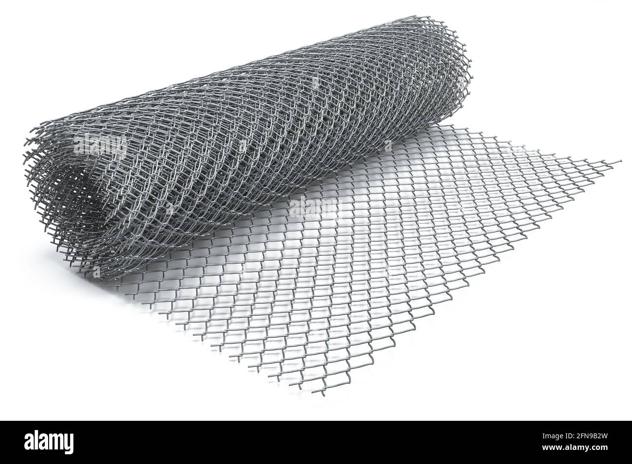 Coil of steel wire. Rabitz mesh netting roll isolated on white. 3d ...