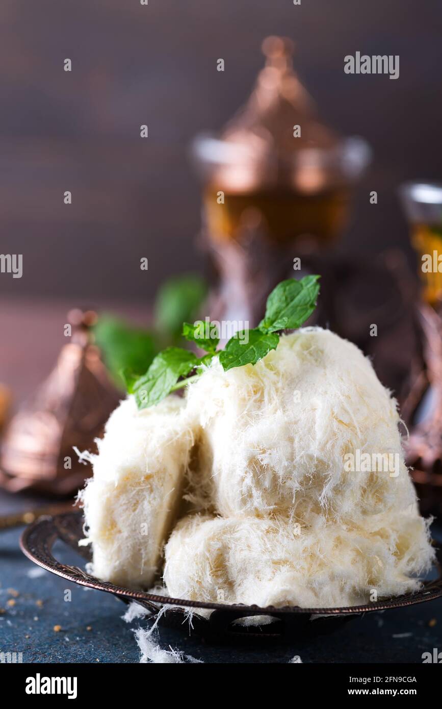 Traditional Turkish cotton candy called Pismaniye in vintage plate ...