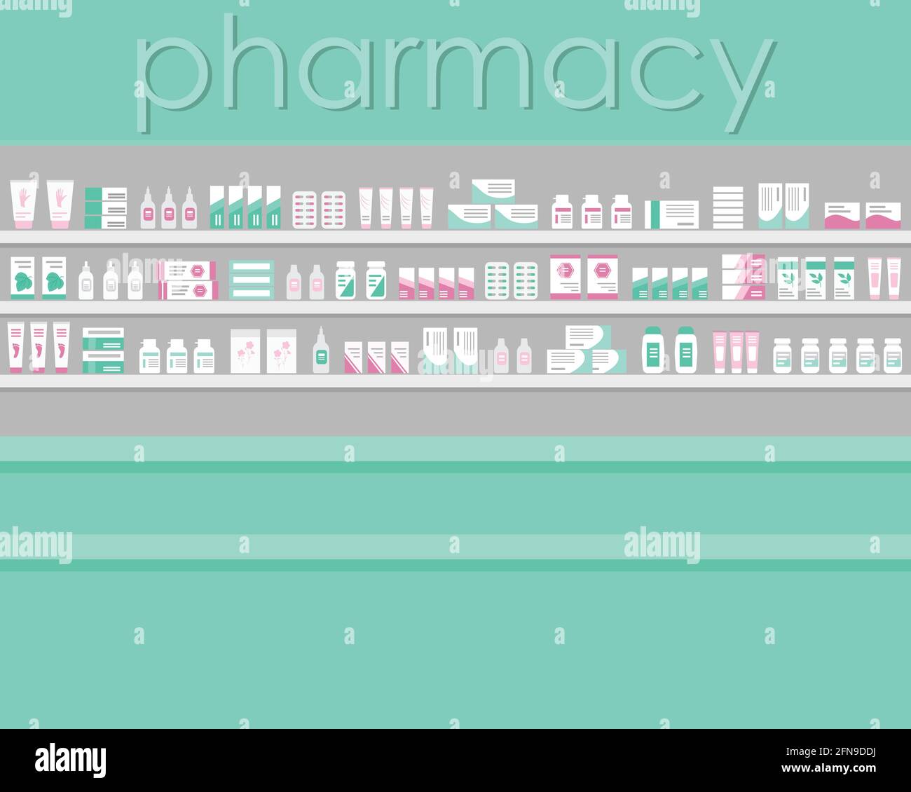 Pharmacy showcase. Shelves with medicines. Pharmacy interior. Vector ...