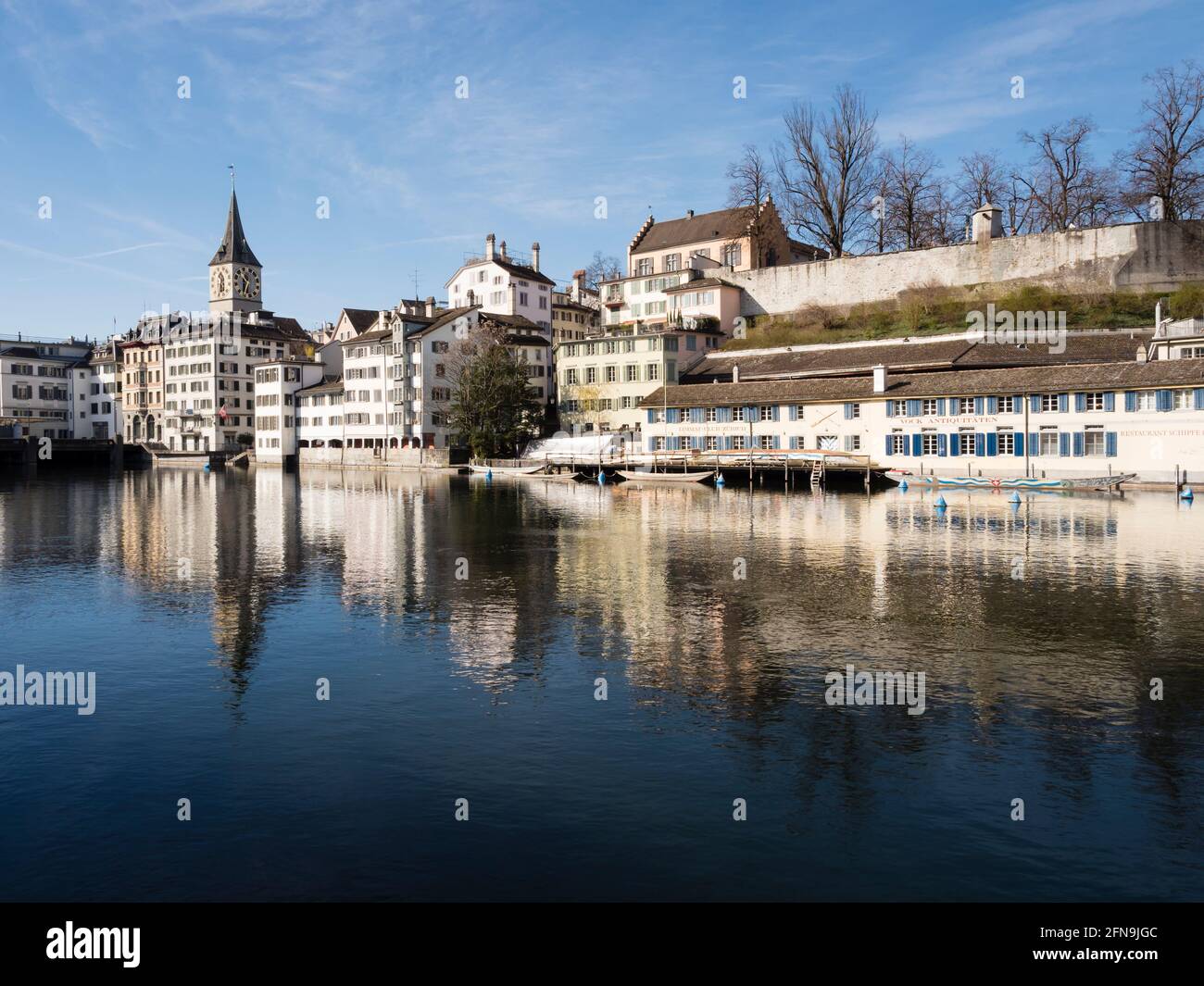 Riverfront of the Limmat river at the old town of Zurich, Switzerland ...