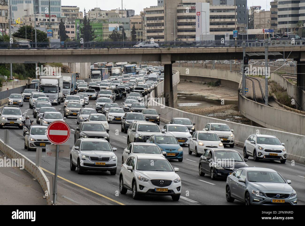 Tel Aviv, Israel - March 25th, 2021: A traffic jam in Ayalon highway ...
