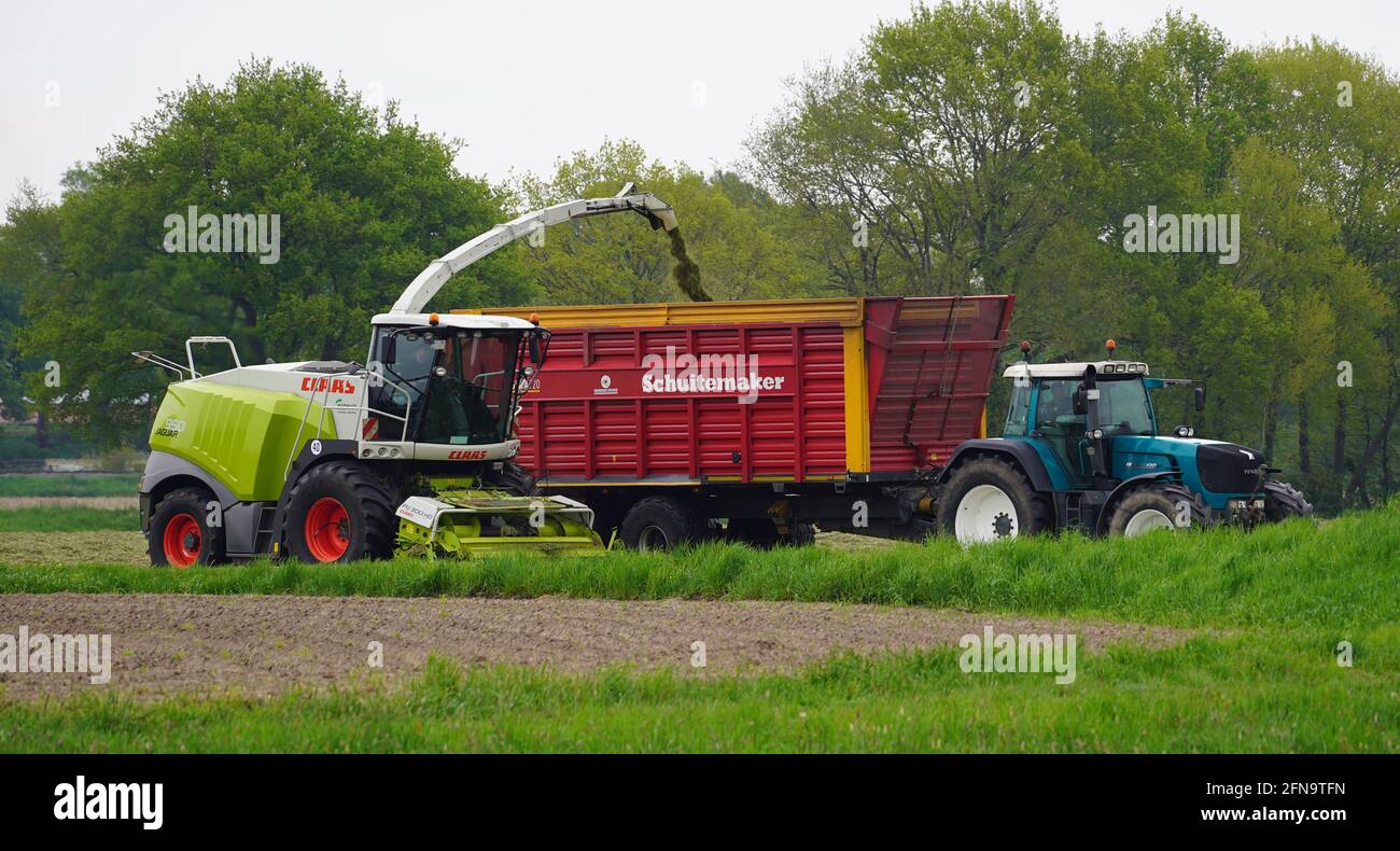 Hoogstede, Lower Saxony, Germany - May 14 2021 Today grass is collected ...